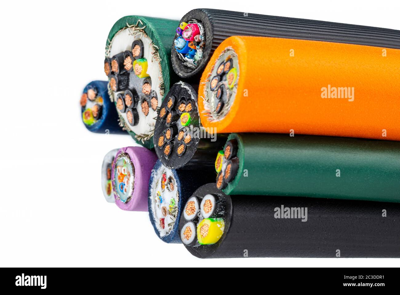 Macro photo of the cross section of various electric cables, isolated ...