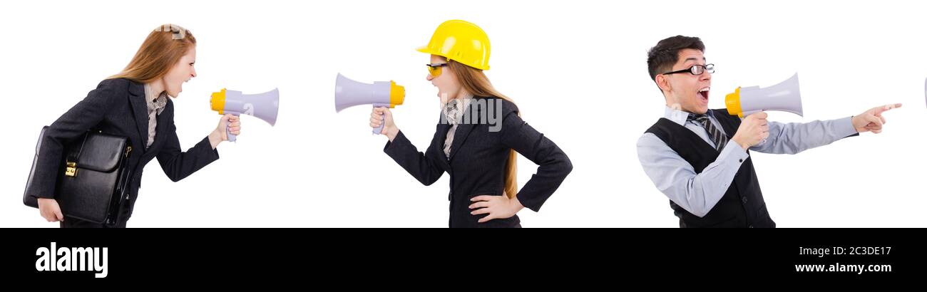 Female construction worker with loudspeaker isolated on white Stock ...