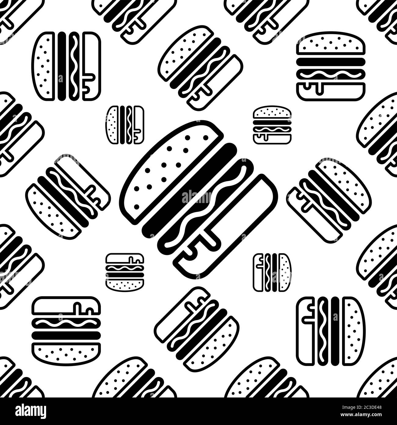 Burger Icon Seamless Pattern, Fast Food Burger Vector Art Illustration ...