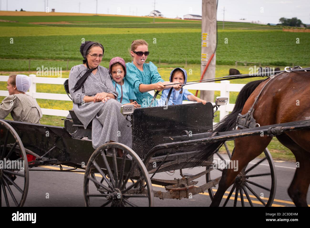 Amish, Lancaster county. woman and young girl driving carriage into ...