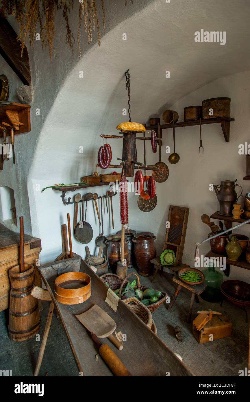 The kitchen in the medieval Marksburg Castle on the Rhine River in ...