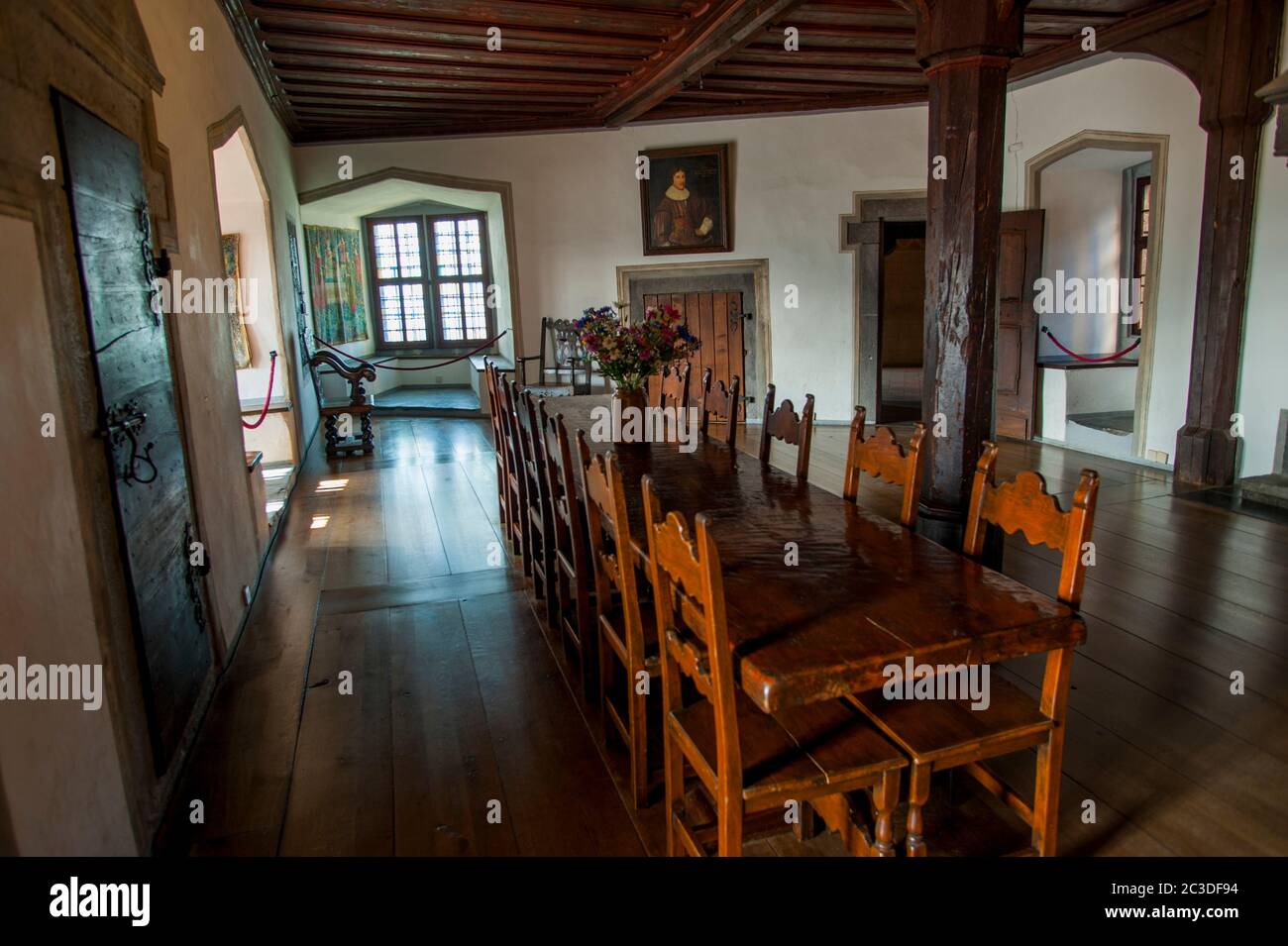 The dining room in the medieval Marksburg Castle on the Rhine River in ...