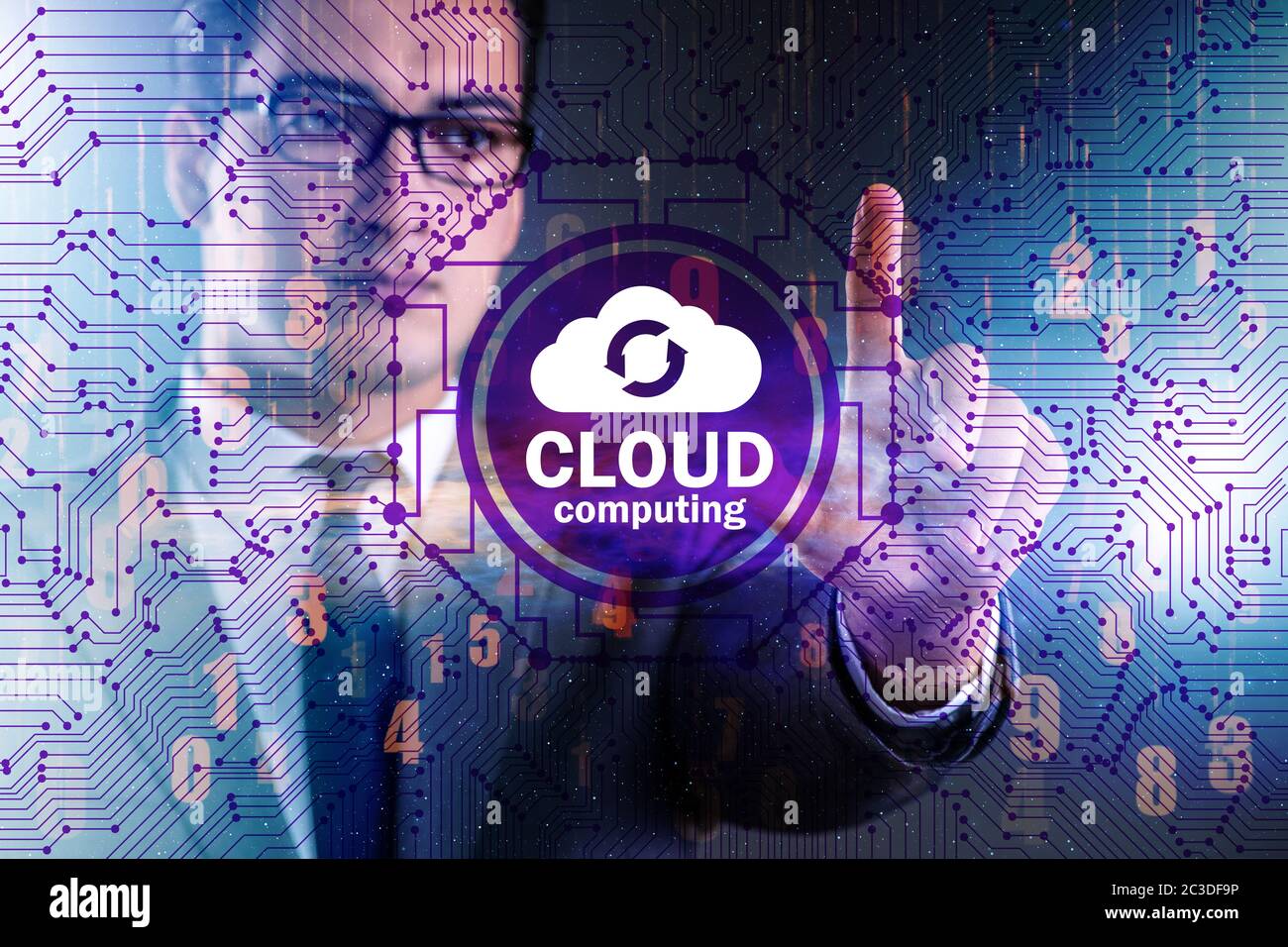 Cloud computing concept with woman pressing buttons Stock Photo - Alamy