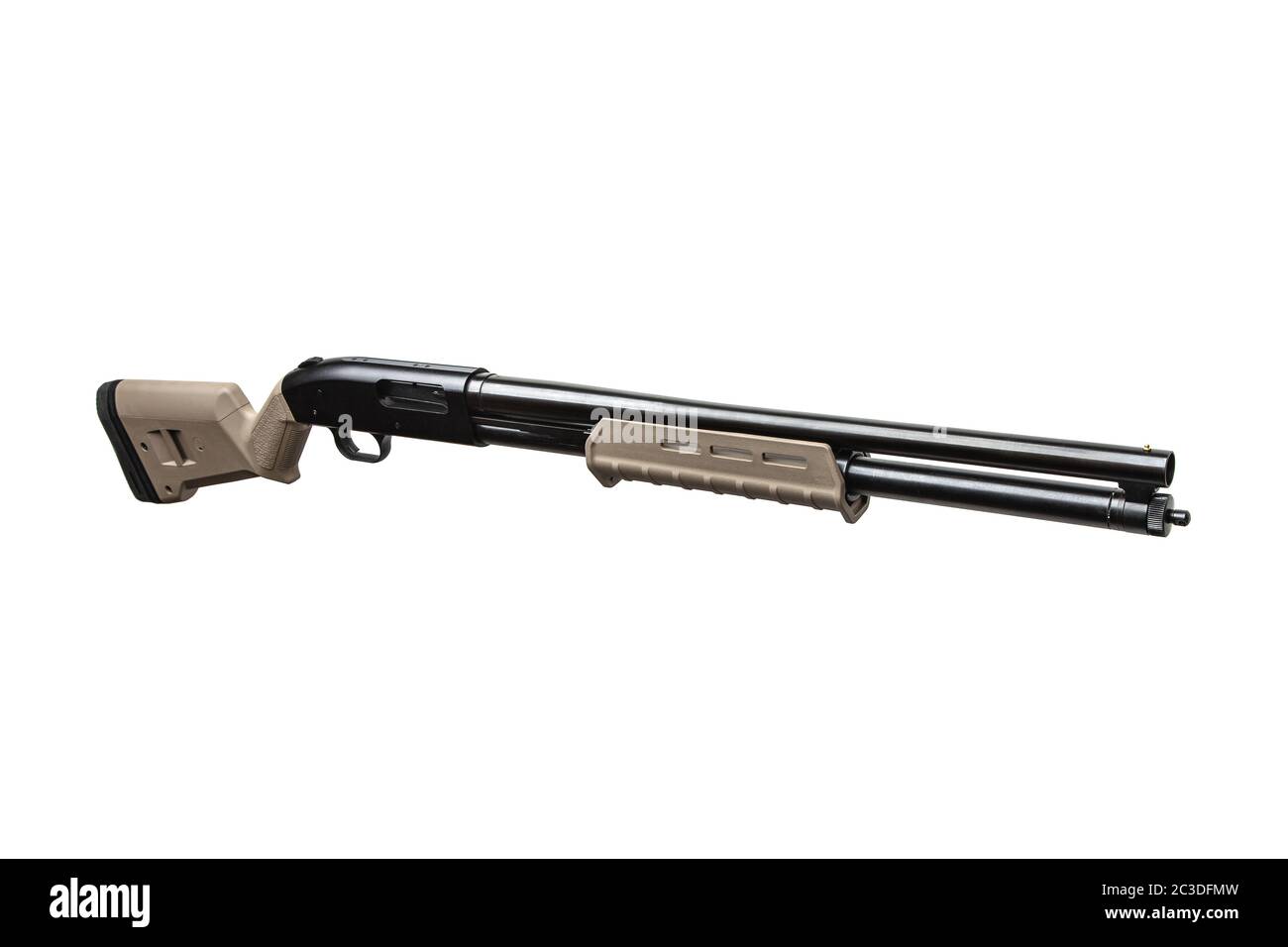 Modern pump-action shotgun with a plastic butt and fore-end isolate on ...