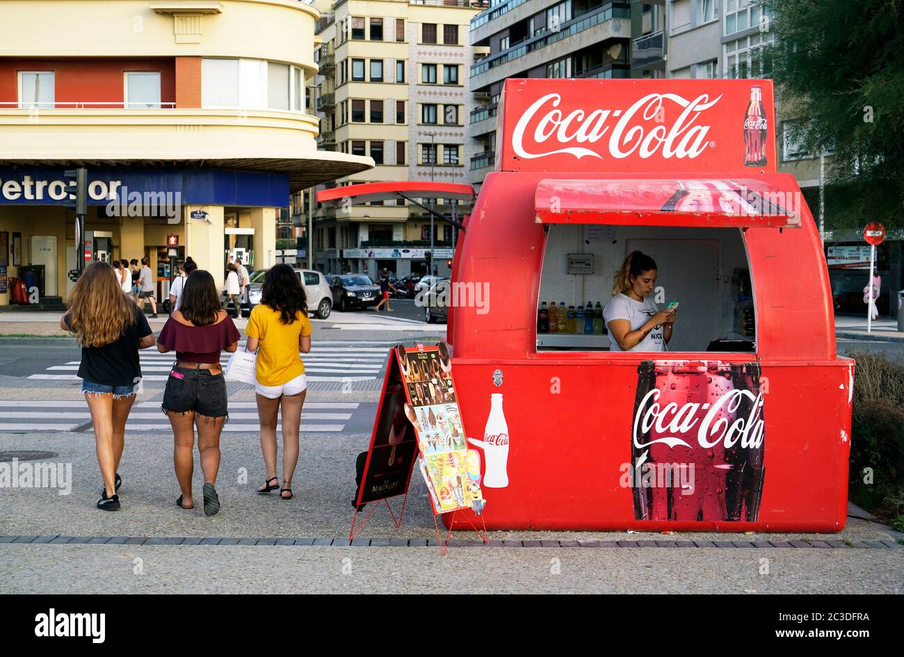 Booth selling soft drinks with Coca Cola sign on the street of Gros ...