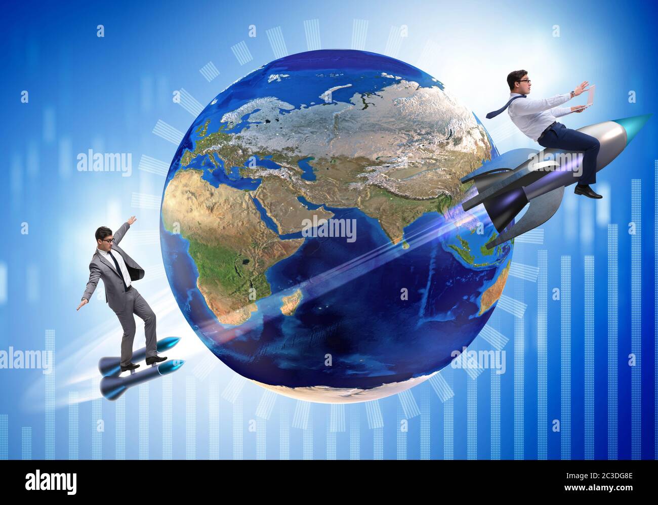 Two businessmen chasing around globe Stock Photo - Alamy
