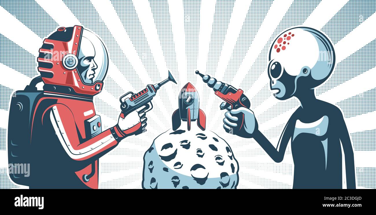 Alien with blaster gun against astronaut in spacesuit with laser Stock ...