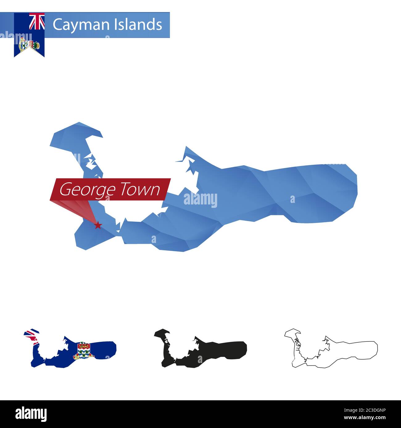 Cayman Islands blue Low Poly map with capital George Town, versions ...