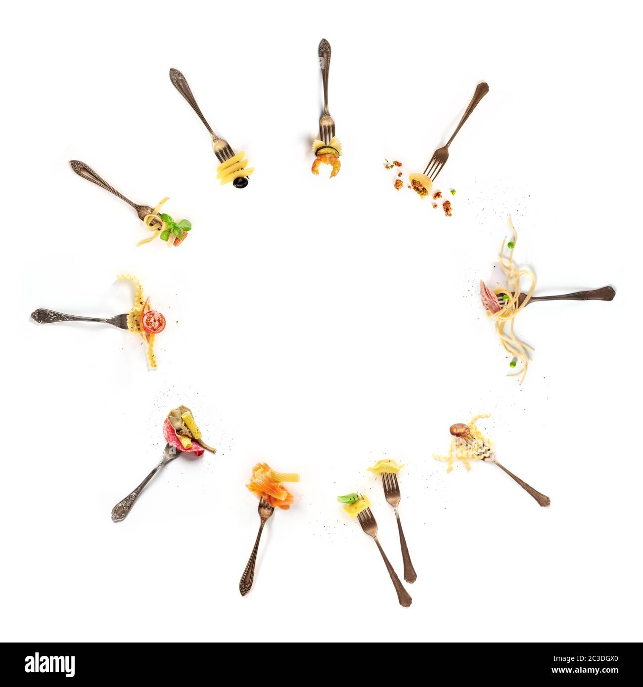 Italian food collage. Pasta design elements. Many forks with pasta and ...