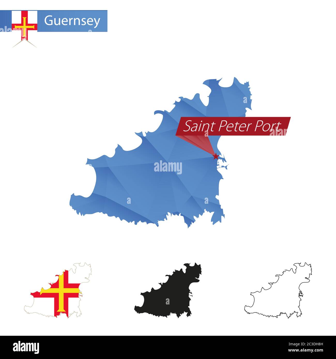 Guernsey blue Low Poly map with capital Saint Peter Port, four versions ...