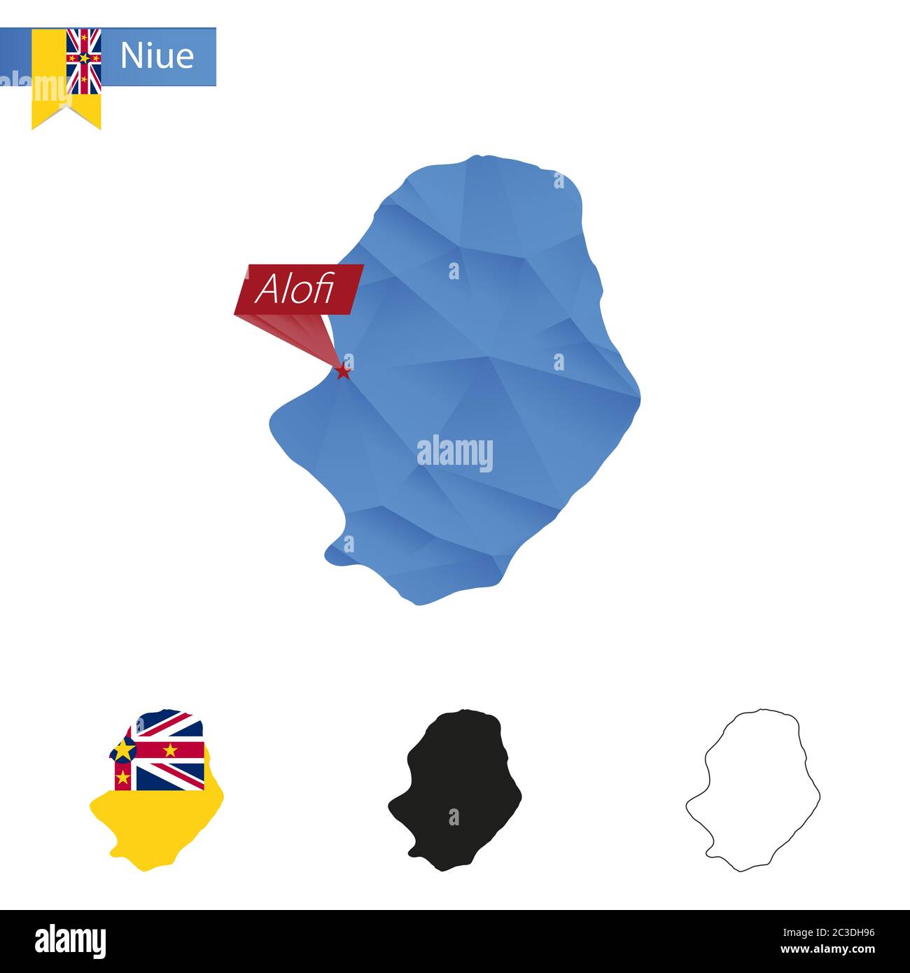 Niue blue Low Poly map with capital Alofi, versions with flag, black ...