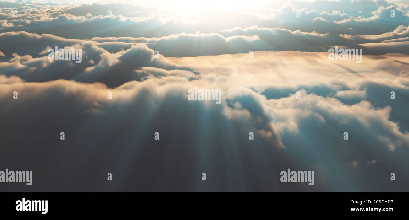 fly above clouds sunset god ray, 3d render Stock Photo - Alamy