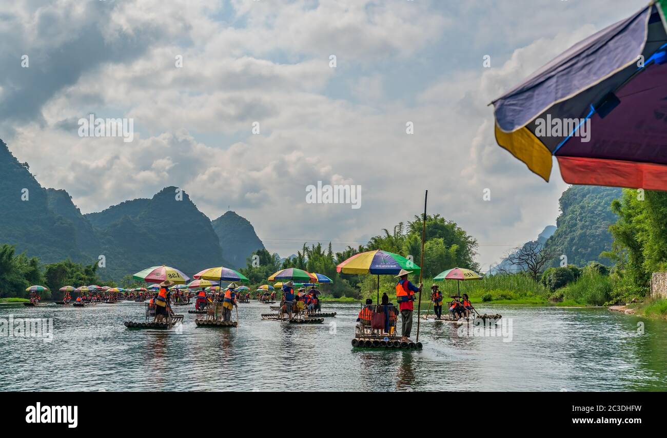 Wooden bamboo rafts on Yulong River in China Stock Photo - Alamy