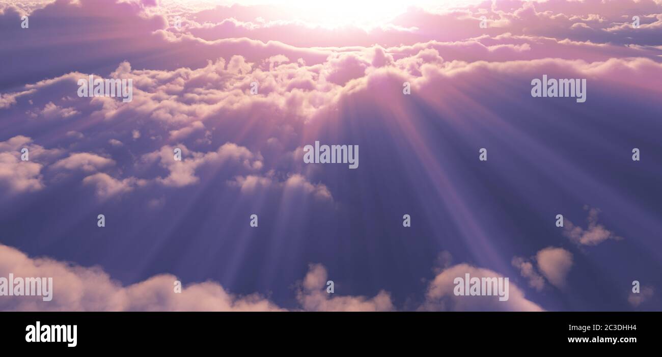 fly above clouds sunset god ray, 3d render Stock Photo - Alamy