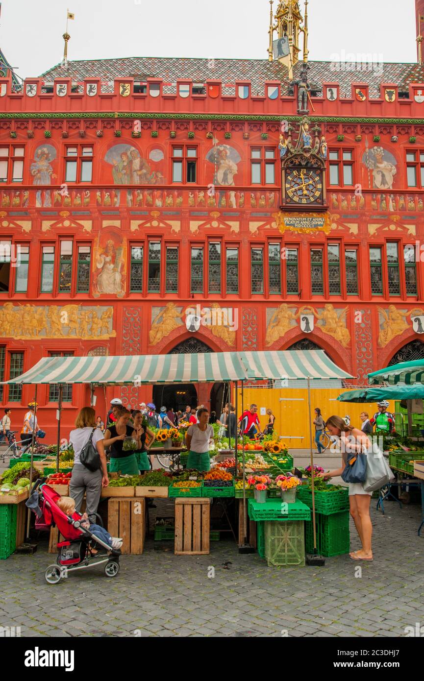 The market square with the 14th century Town Hall in Basel, Switzerland ...