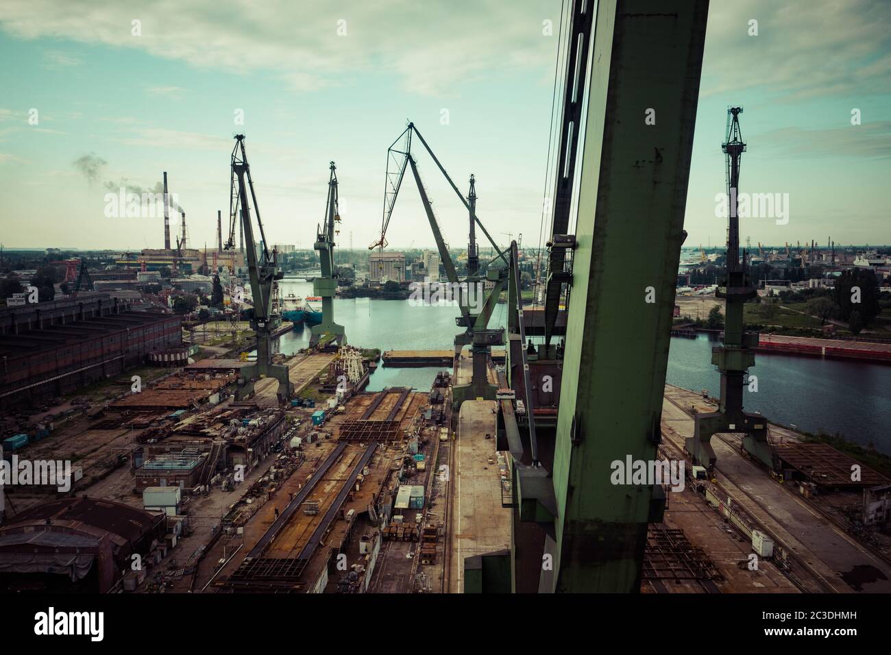 Gdansk Harbor Aerial View. Cranes at the famous shipyard of Gdansk ...