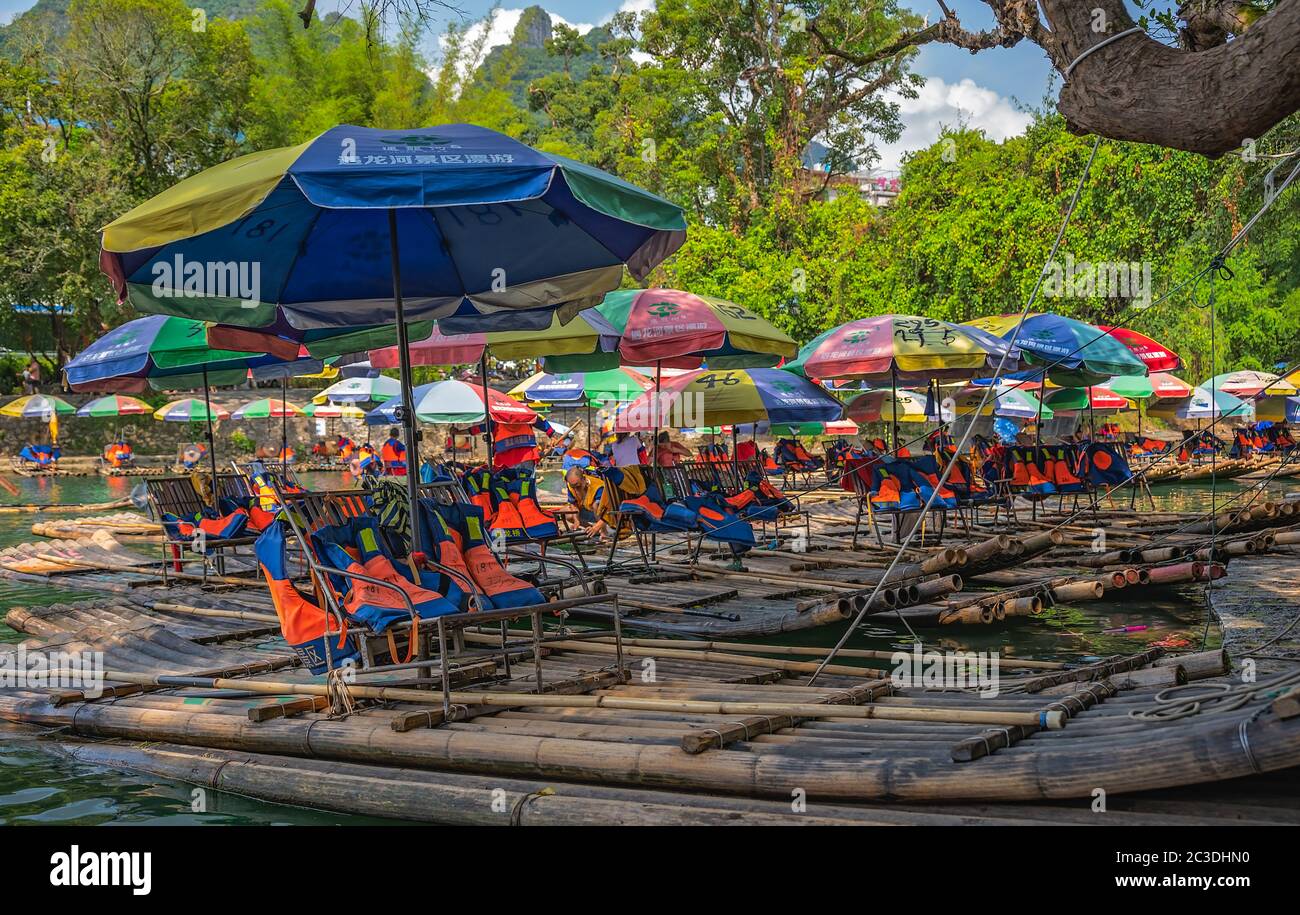 Wooden bamboo rafts on Yulong River in China Stock Photo - Alamy