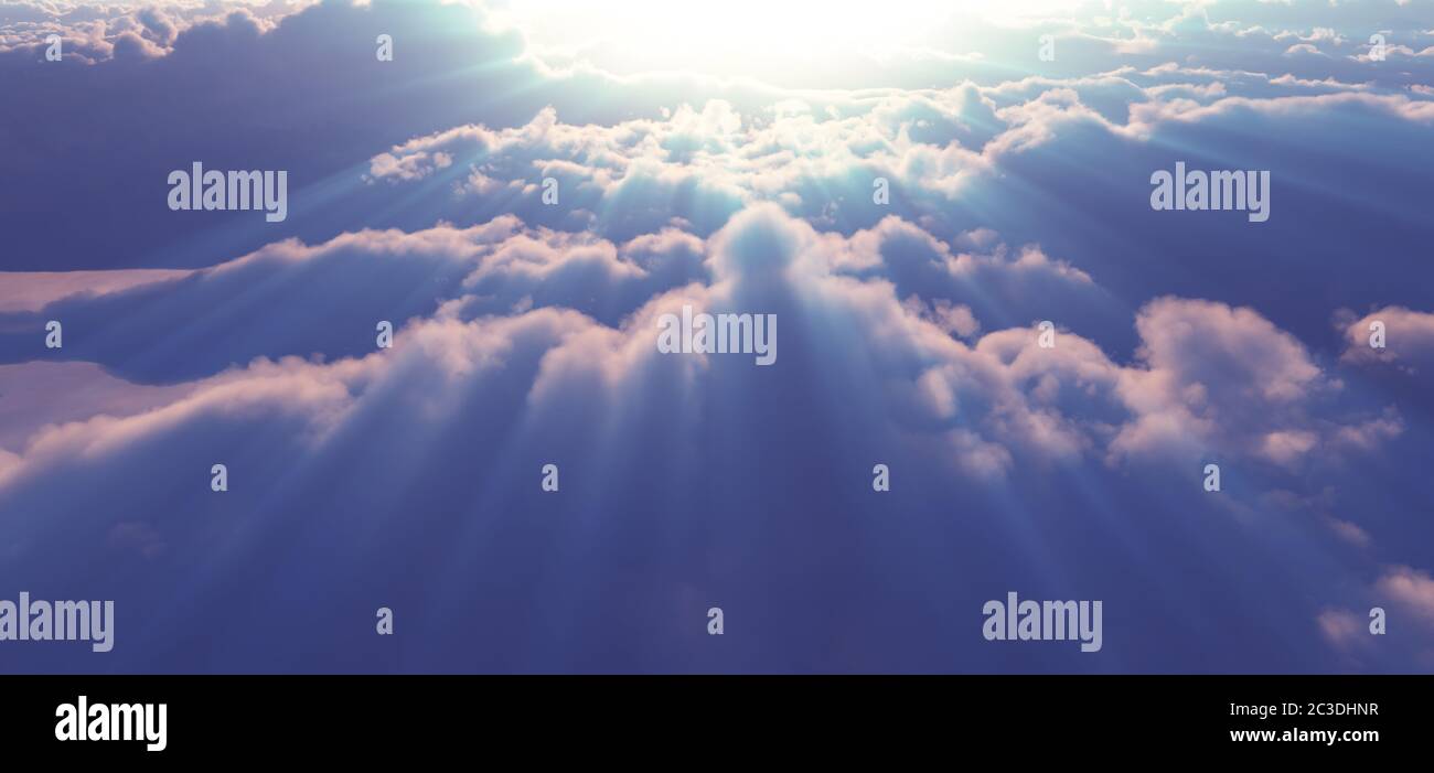 fly above clouds sunset god ray, 3d render Stock Photo - Alamy