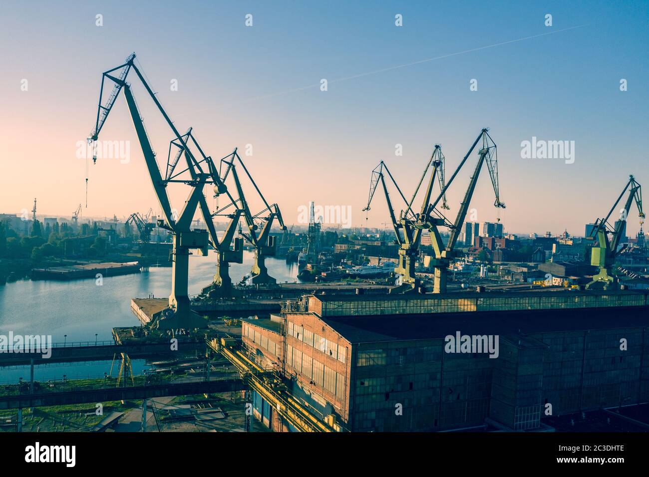 Gdansk Harbor Aerial View. Cranes at the famous shipyard of Gdansk ...