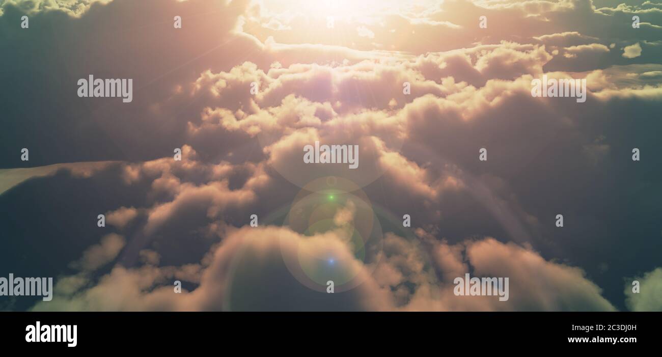 fly above clouds sunset god ray, 3d render Stock Photo - Alamy