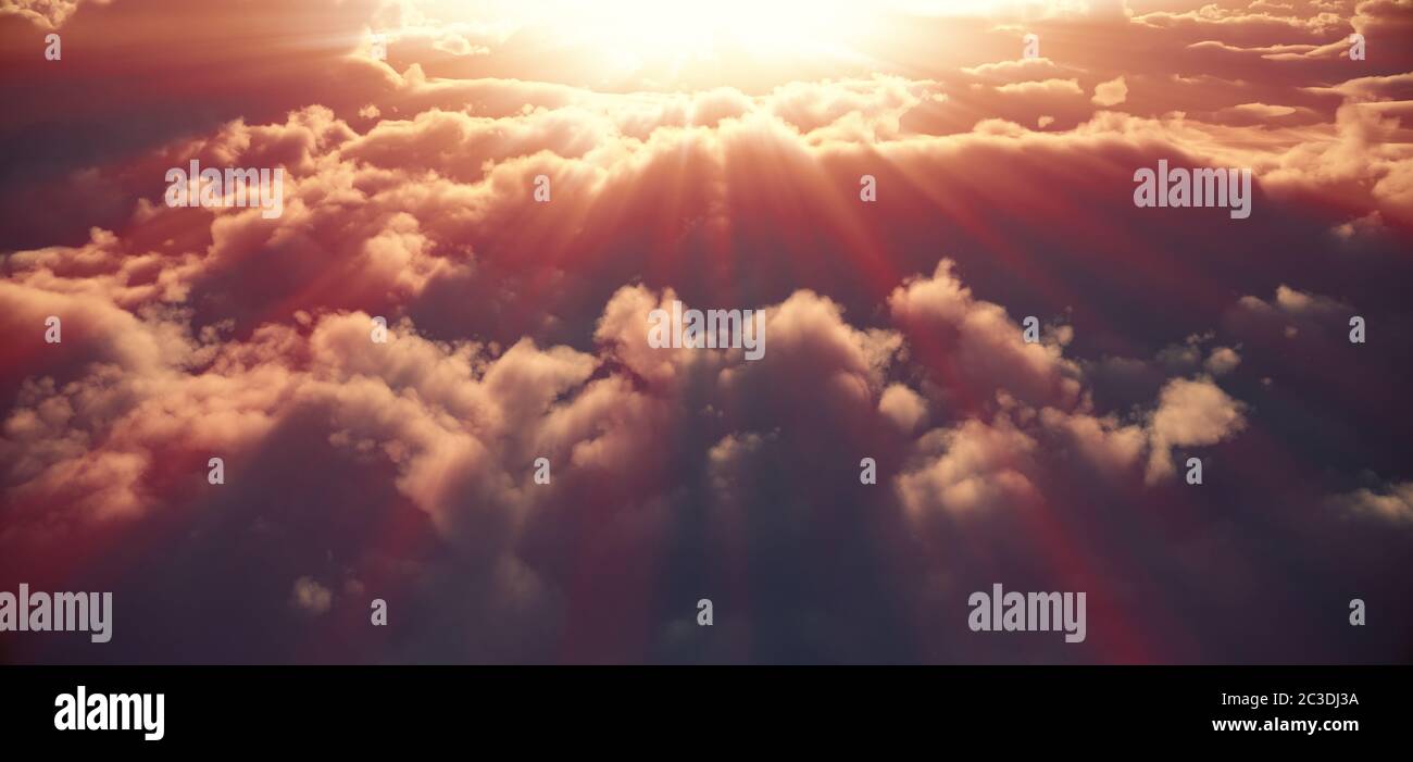 fly above clouds sunset god ray, 3d render Stock Photo - Alamy