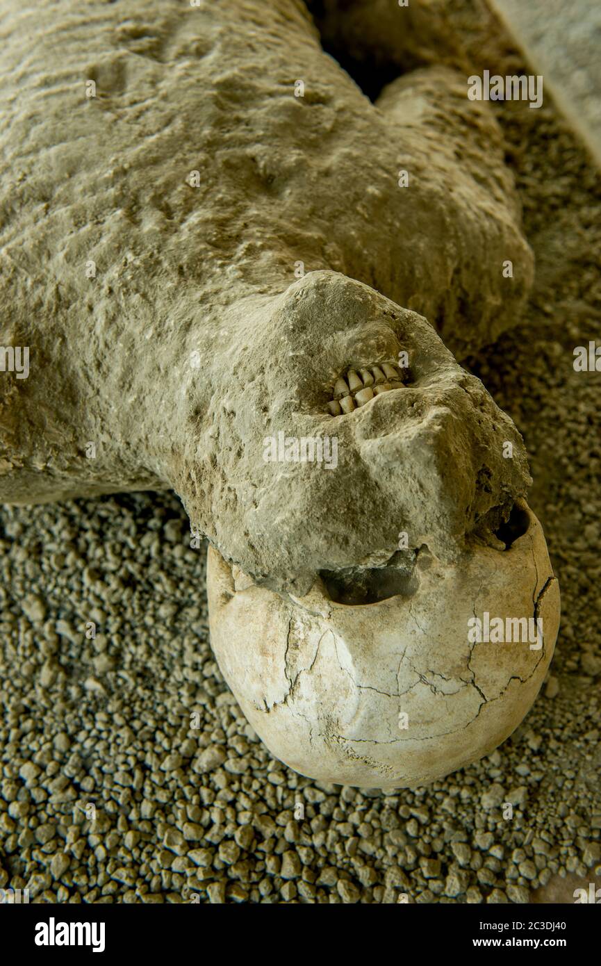 Plaster cast of a victim of the volcanic eruption in Pompeii near ...