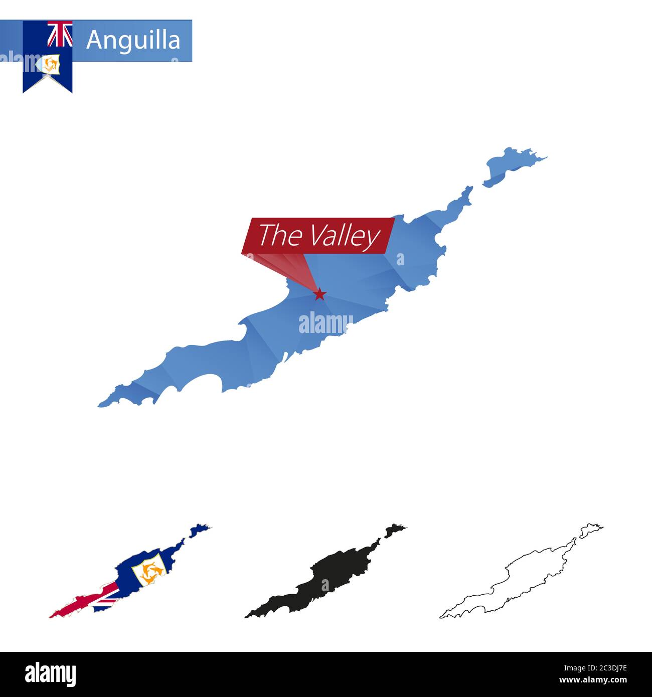 Anguilla blue Low Poly map with capital The Valley, four versions of ...