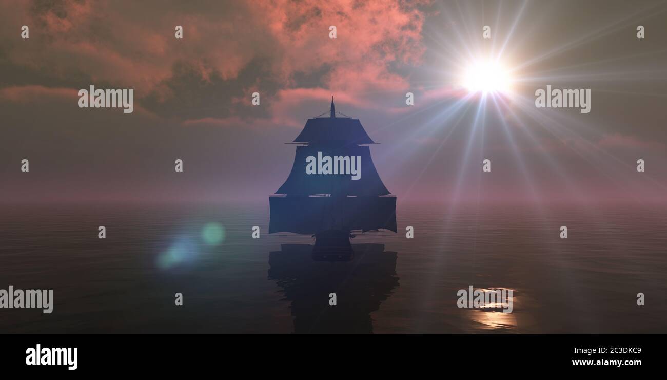 old ship sunset at sea, 3d render Stock Photo - Alamy
