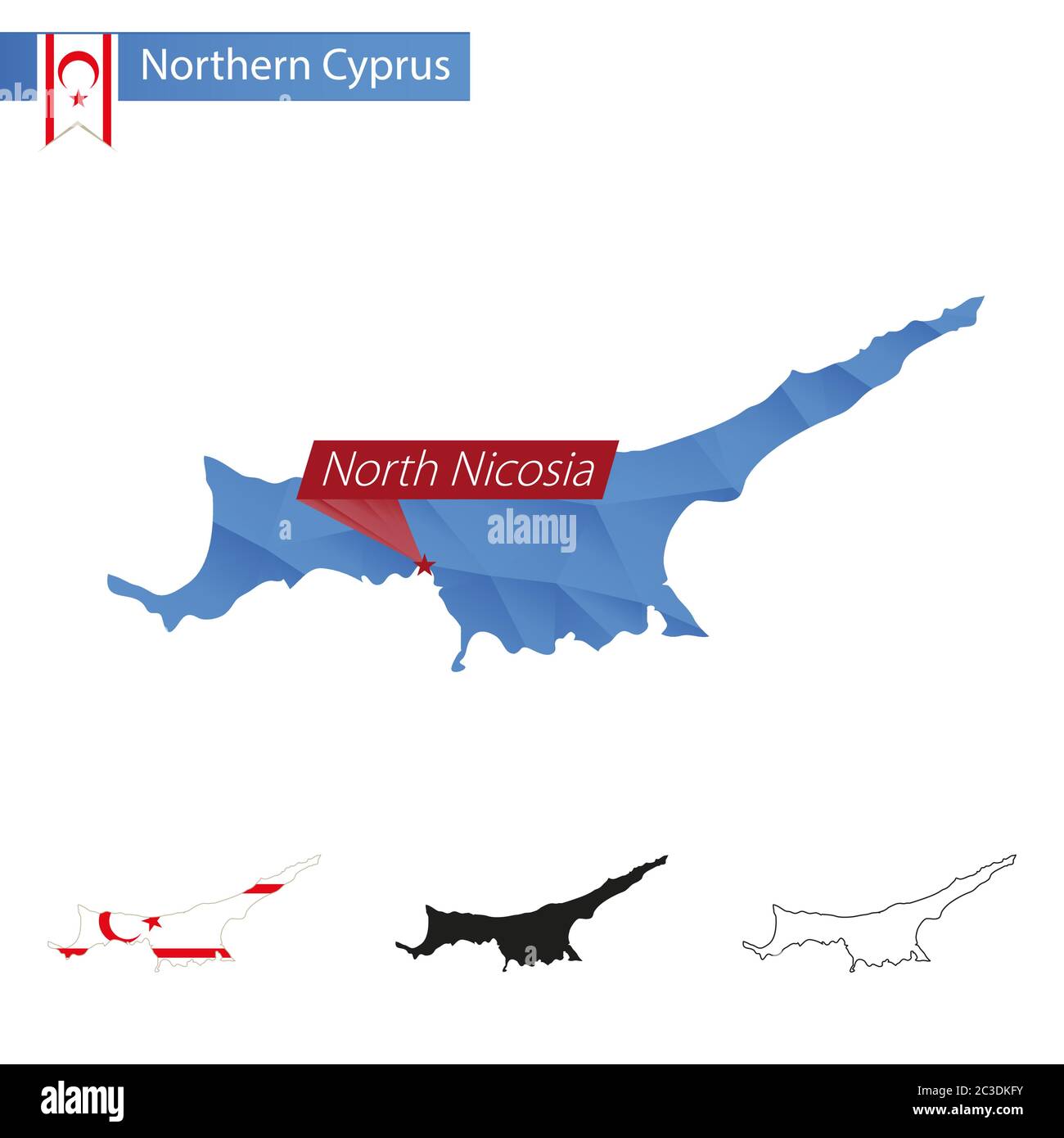 Northern Cyprus blue Low Poly map with capital North Nicosia, versions ...