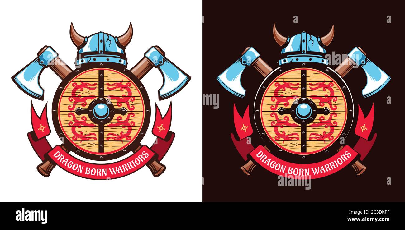 Viking logo with horned helmet, crossed axes and shield with dragons ...