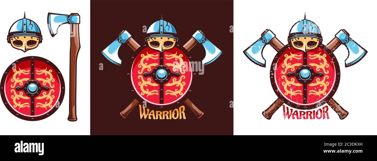 Viking emblem with helmet, dragon shield and crossed battle axes Stock ...