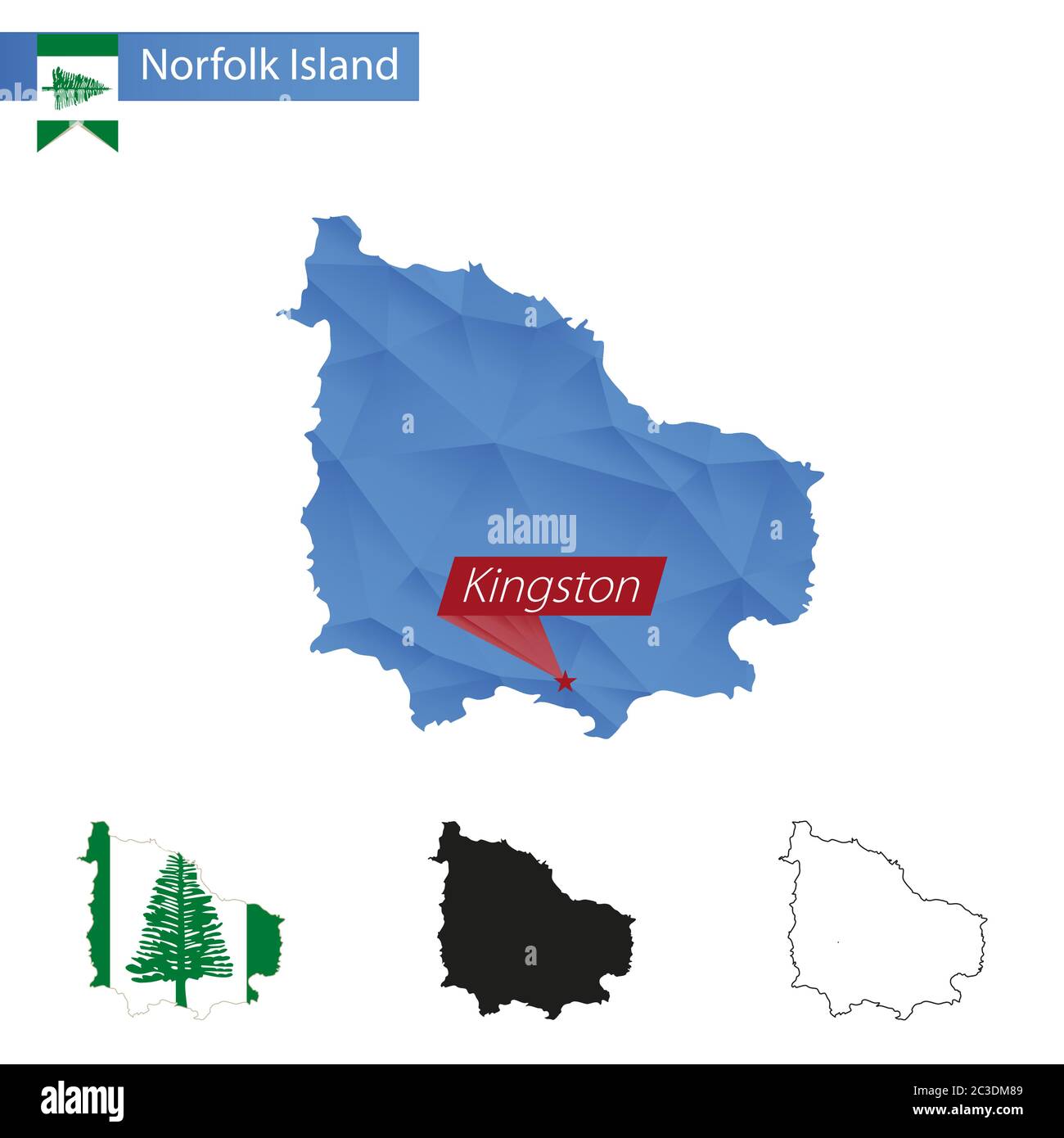 Norfolk Island blue Low Poly map with capital Kingston, versions with ...