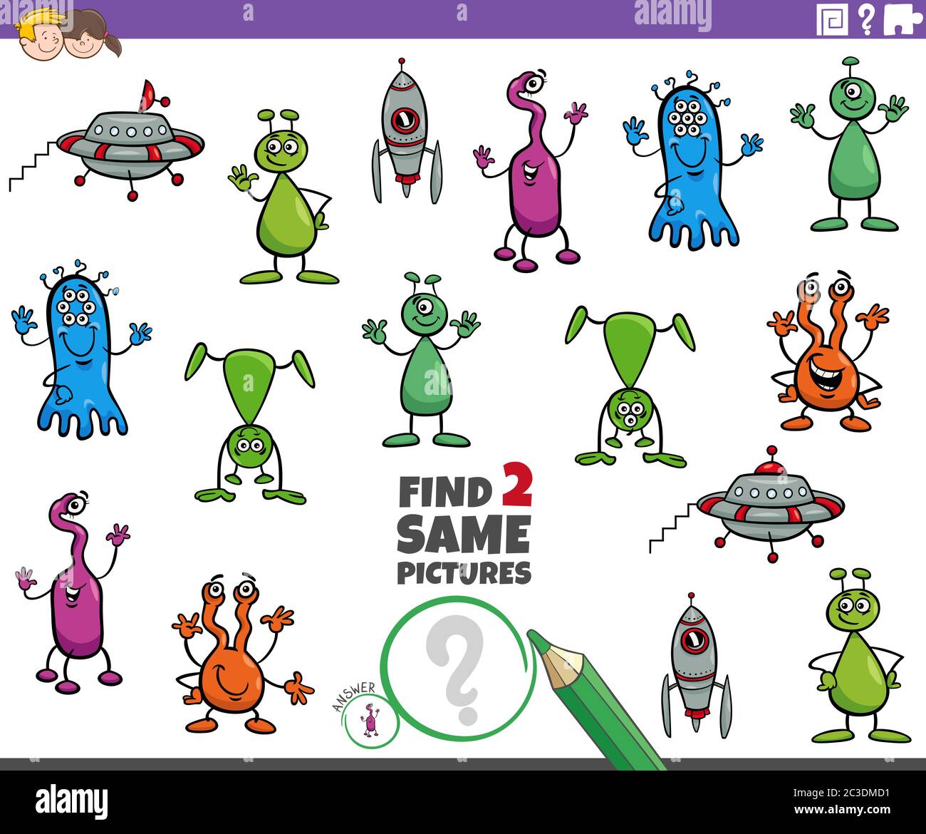 find two same alien characters task for kids Stock Photo - Alamy