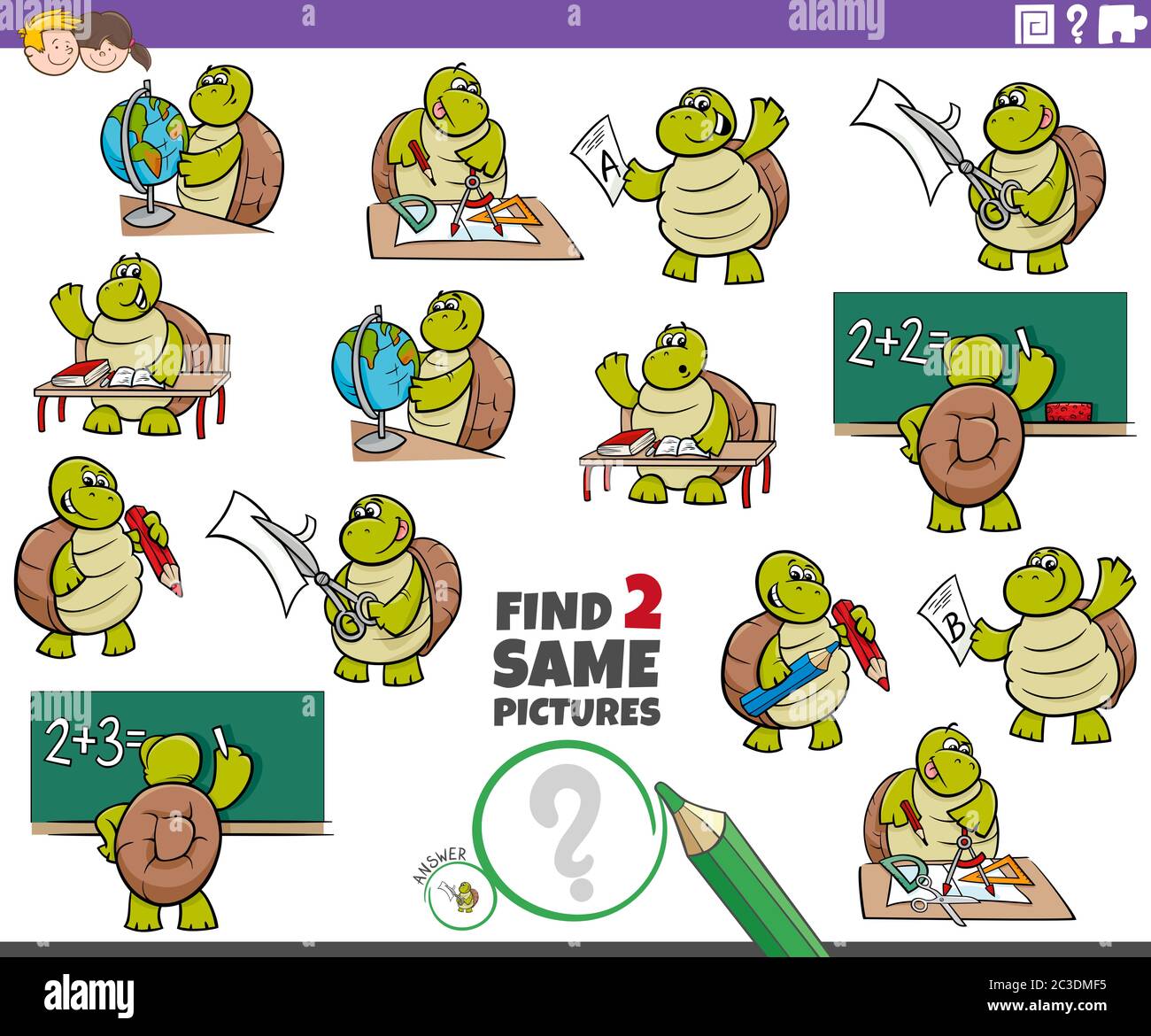 find two same turtle characters task for kids Stock Photo - Alamy