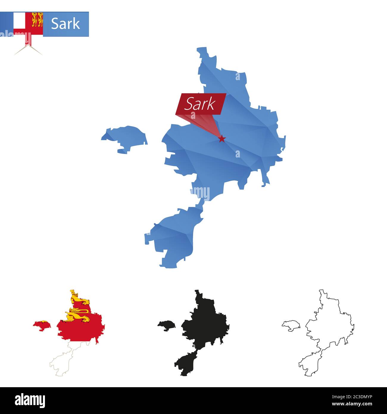 Sark blue Low Poly map with capital, versions with flag, black and ...