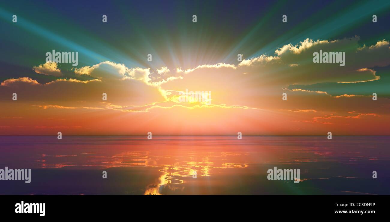 Beautify sunset over sea, sun ray light Stock Photo - Alamy