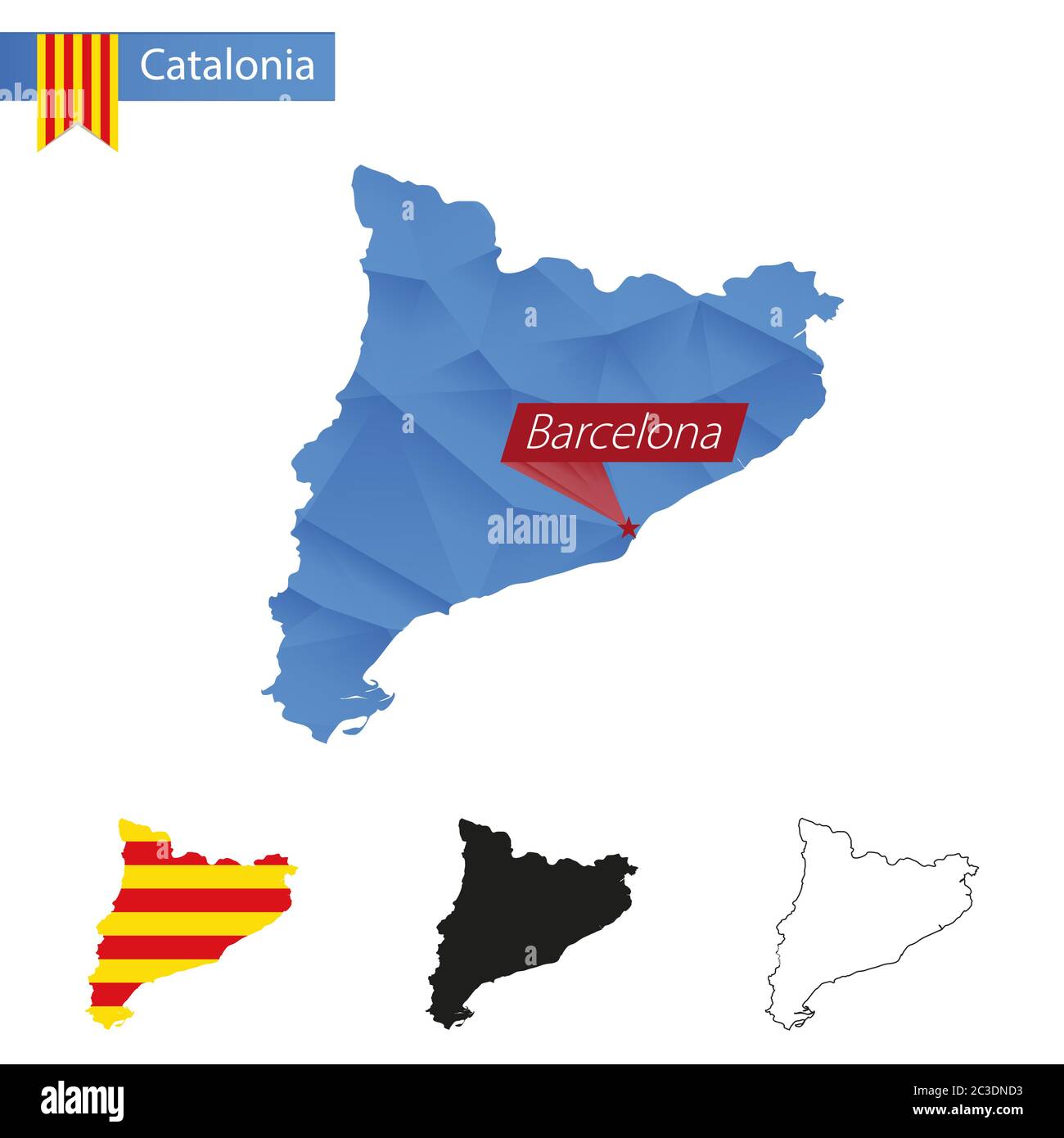 Catalonia blue Low Poly map with capital Barcelona, versions with flag ...