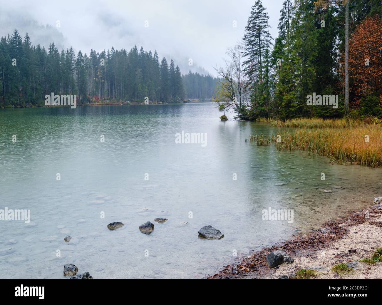 Mountain alpine autumn lake Hintersee, Berchtesgaden national park ...