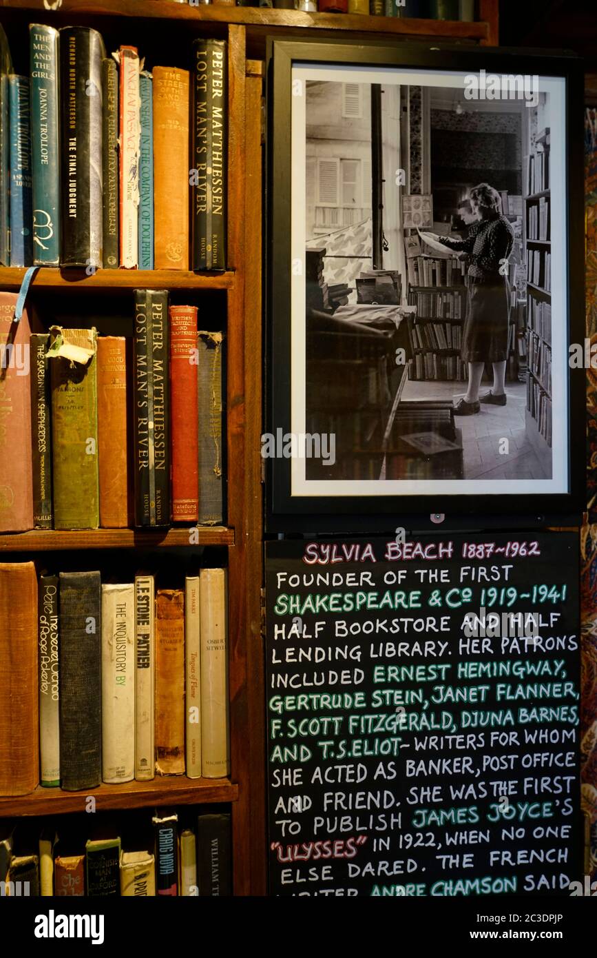 Sylvia Beach's photo and biography on a bookshelf in the second floor ...