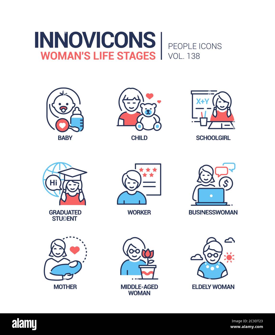 Life stages of a woman - line design style icons set Stock Vector Image ...