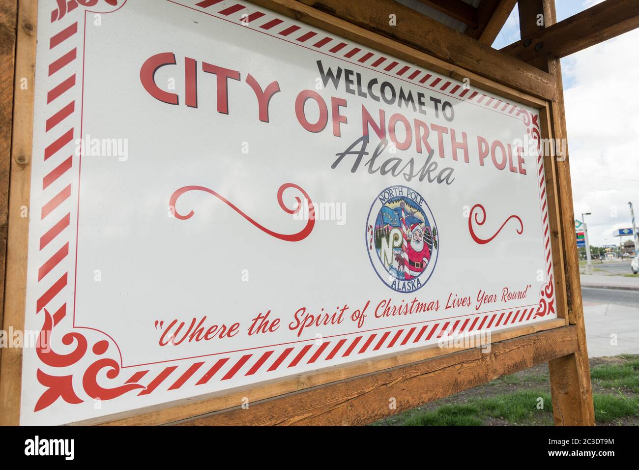 Sign welcoming visitors to North Pole, Alaska. The tiny town is home to ...