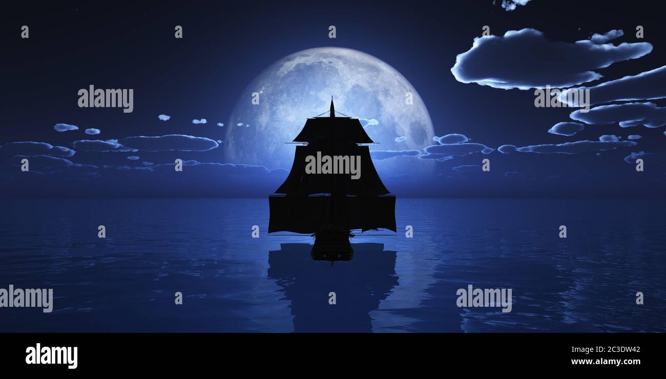 old ship at night full moon, 3d render Stock Photo - Alamy