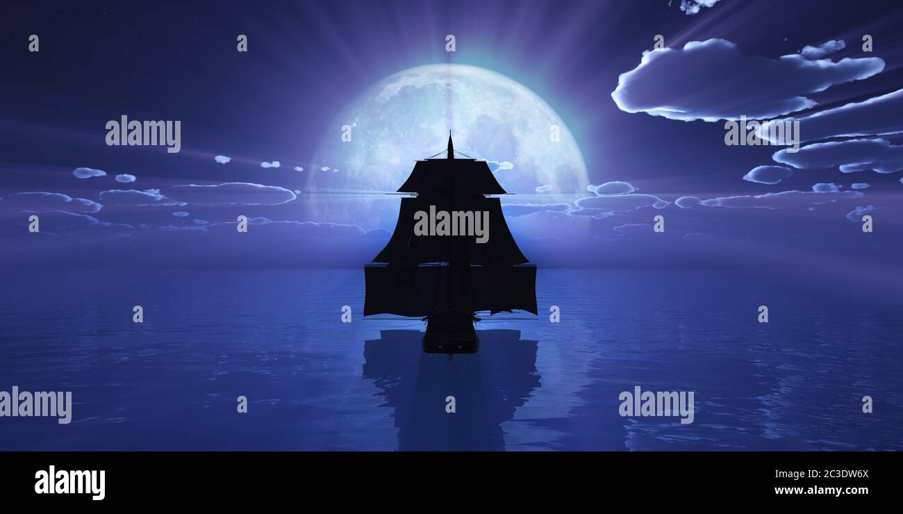 old ship at night full moon, 3d render Stock Photo - Alamy