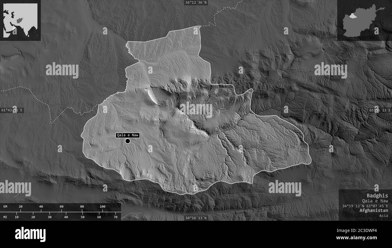 Badghis, province of Afghanistan. Grayscaled map with lakes and rivers ...
