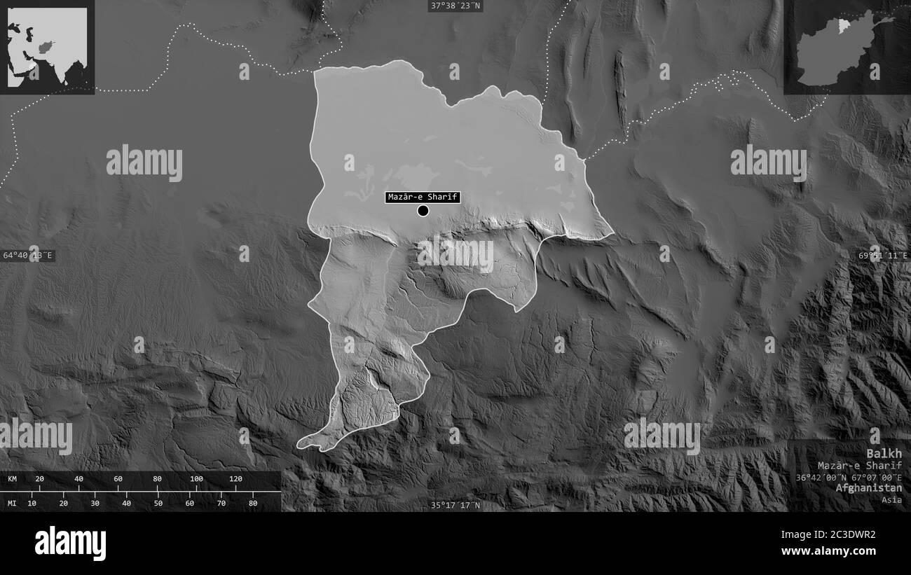 Balkh, province of Afghanistan. Grayscaled map with lakes and rivers ...