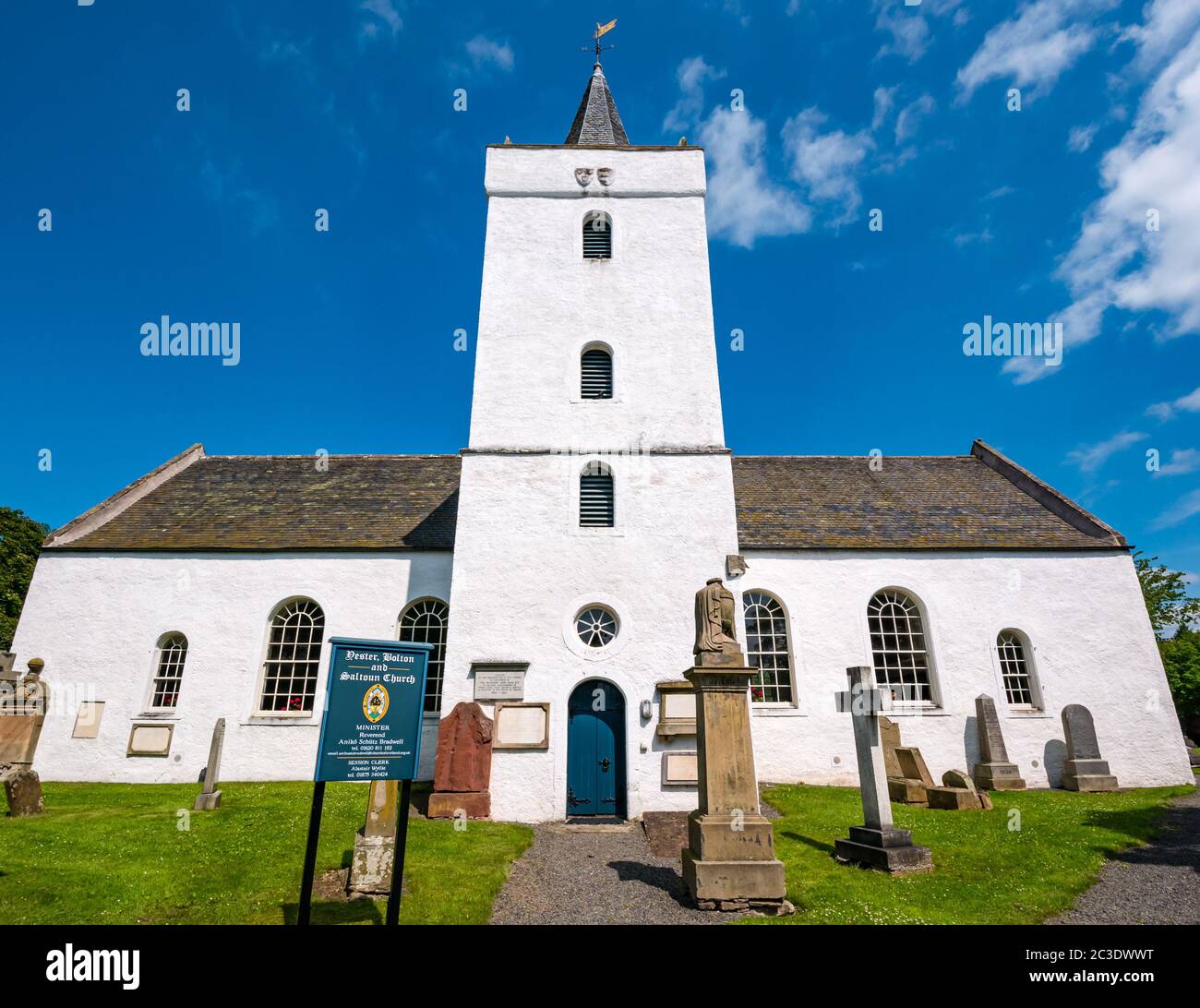 Yester Parish Church & churchyard with square tower spire, Gifford ...