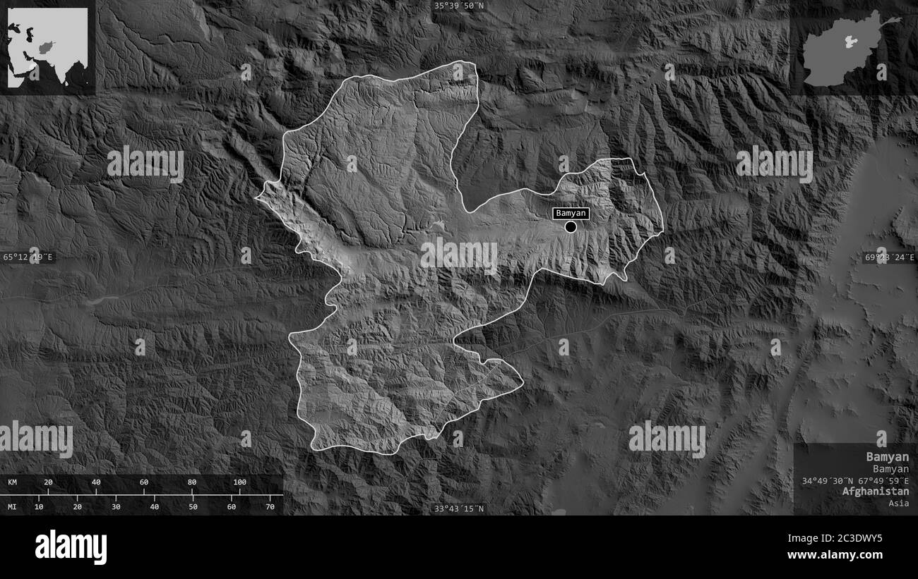 Bamyan, province of Afghanistan. Grayscaled map with lakes and rivers ...