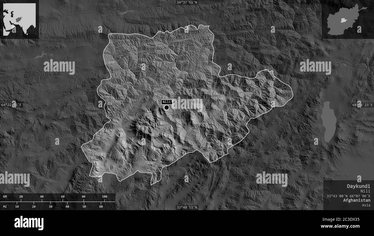 Daykundi, province of Afghanistan. Grayscaled map with lakes and rivers ...