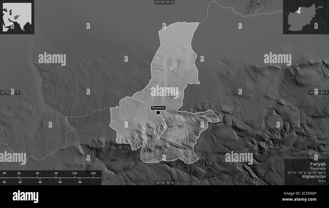 Faryab, province of Afghanistan. Grayscaled map with lakes and rivers ...