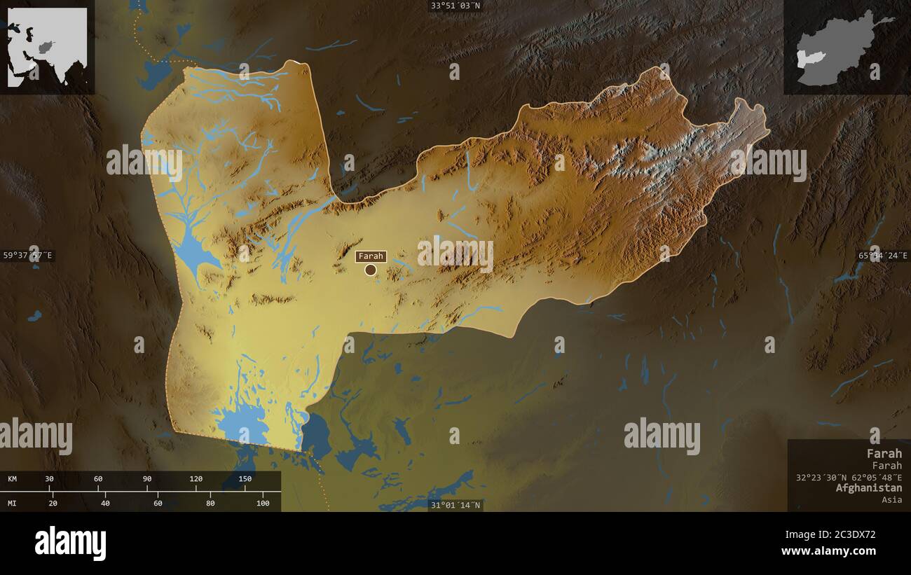Farah, province of Afghanistan. Colored relief with lakes and rivers ...